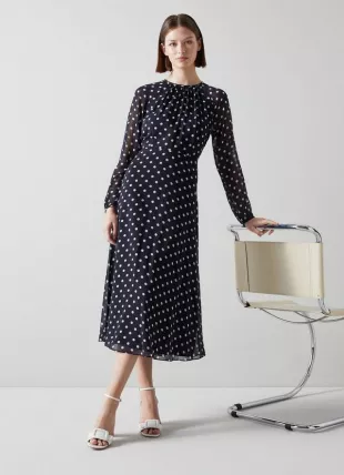 Lk Bennett - Addison Navy and Cream Spot Recycled Polyester Dress