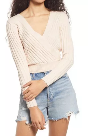 Cali Be - Ribbed Wrap Front Sweater In Beige