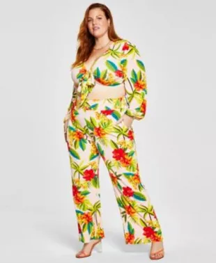 Bar III - Trendy Plus Size Tropical Print Tie Front Top