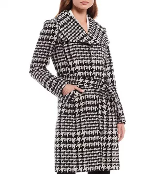 Karl Lagerfeld - Houndstooth Wool Blend Wide Lapel Belted Coat