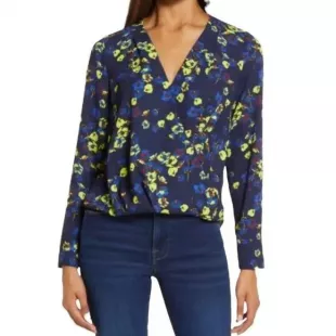 halogen - Floral Print Surplice Long Sleeve Blouse