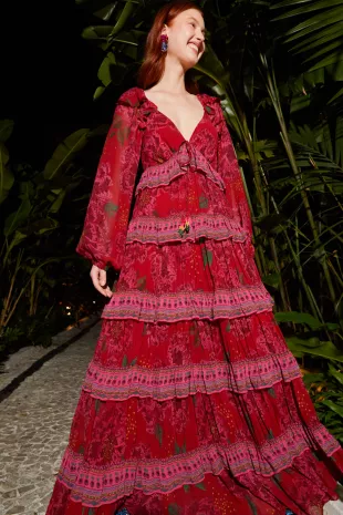 FARM Rio - Red Shiny Flowers Maxi Dress