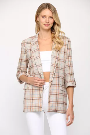 A La Mode - Multi Colored Plaid Tab Sleeve Blazer