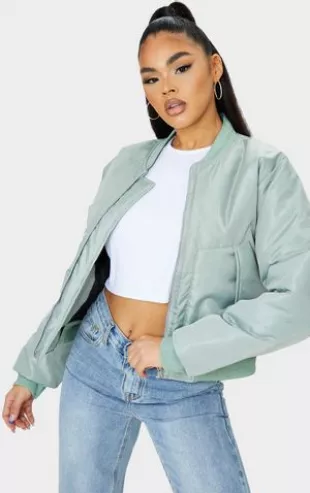 Pretty Little Thing - Sage Green Nylon Popper Button Pocket Bomber Jacket