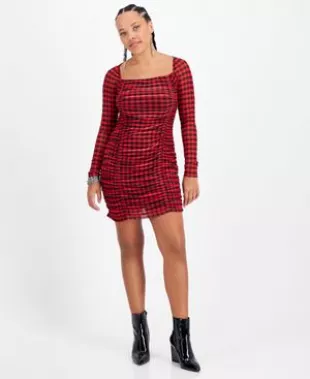 Bar III - Checkered Square Neck Mesh Overlay Ruched Mini Dress