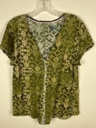 Pilcro - Womens Shirt Size Medium Green V Neck Short Sleeve Boho