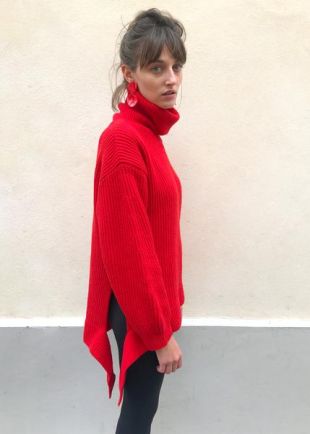 Bright Red Ribbed Turtleneck Sweater