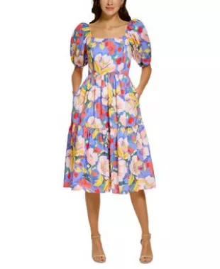 Vince Camuto - Printed Puff-Sleeve Smocked-Back Midi Dress