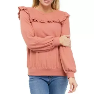 Cupio - Long Sleeve Ruffle Chest Knit Top Terracotta Clay