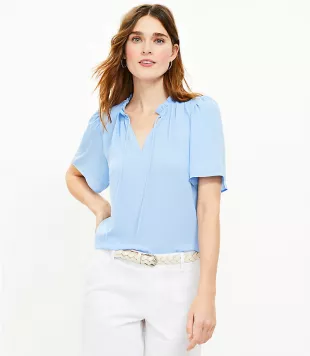 loft - Ruffle Tie Neck Mixed Media Top