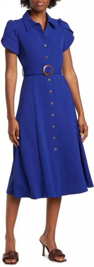 Calvin Klein Puff Sleeve Belted Midi Dress