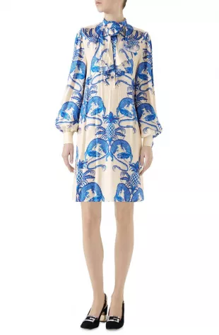 Gucci - Dragon Print Twill Ruffle Neck Dress