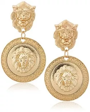 La Raffine - 14K Gold Plated Embossed Lion Head Metal Exaggerated ...