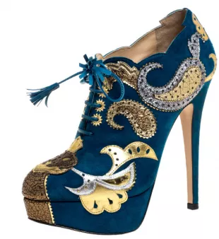Charlotte Olympia - Blue Suede Leather Flower Detail Platform Booties