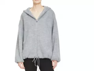 Theory - Women Fleece Oversized Gray Zip Up Drawstring Hoodie Wool Jacket