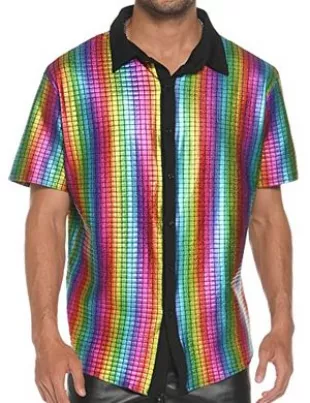 Lecgee - Men's 70s Disco Shirts Metallic Sequins Short Sleeve Button Down Christmas Party Shirts ...