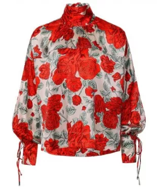 ganni - Red Silk Stretch Satin Oversized Blouse