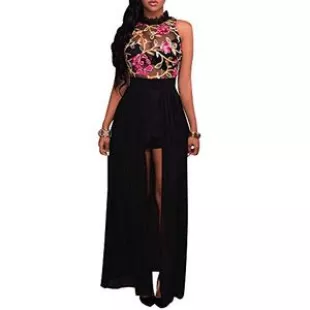 Evedesign - Women's Sheer Mesh Embroidery Maxi Dress Sexy Floral Hi Low ...