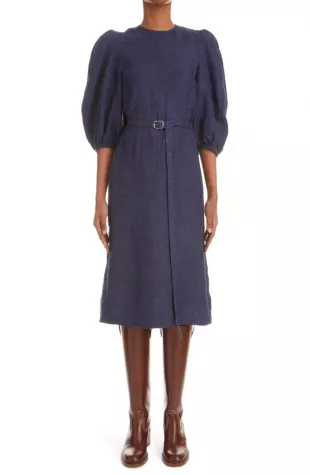 Chloé - Balloon Sleeve Belted Linen Drill Dress