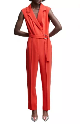 Mango - Belted Wrap Jumpsuit in Coral Red
