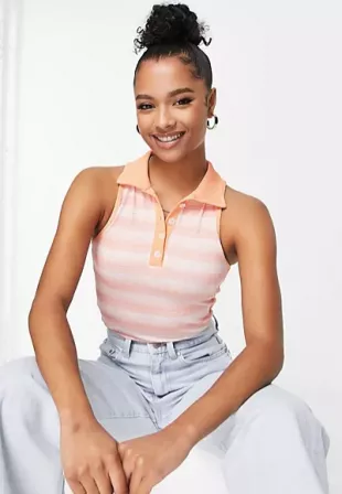 New Look Petite - Collared Vest in Pink Stripe