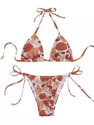 Shein - Women's Floral Swimsuit Smocked Halter Top High Cut Tie Side Thong Bikini Set Bathing Suit