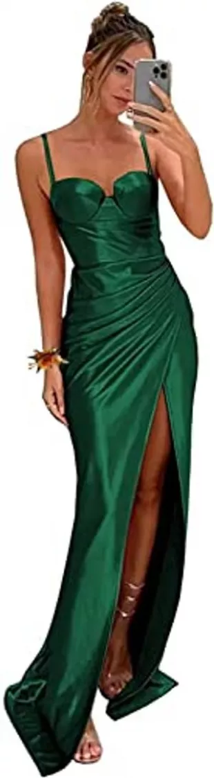 Gdianz - Women's Satin Bridesmaid Dresses with Slit Spaghetti Straps Prom Dress Mermaid Formal ...