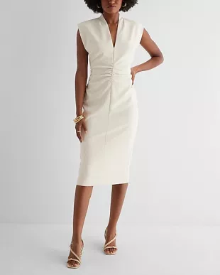 express - V-Neck Sleeveless Ruched Midi Sheath Dress