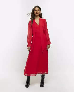 River Island - Red Chiffon Tie Front Swing Midi Dress