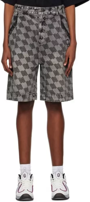 Ader Error - Grey Checkered Denim Shorts