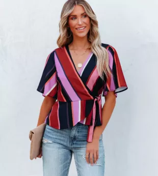 Vici Collection - Franny Striped Peplum Wrap Blouse
