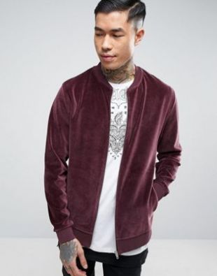 Asos - ASOS Bomber Jacket in Burgundy Velour at asos.com