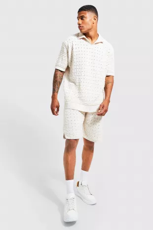 boohooman - Short Sleeve Open Stitch Polo & Shorts Set