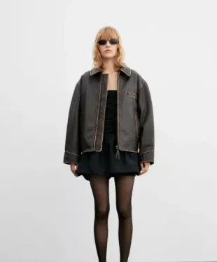 Mango - Oversized Worn-Effect Leather Jacket Brown