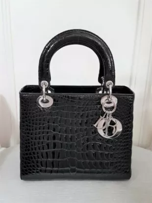 Dior - Lady Dior Medium Black Exotic Crocodile Leather Handbag Bag Purse