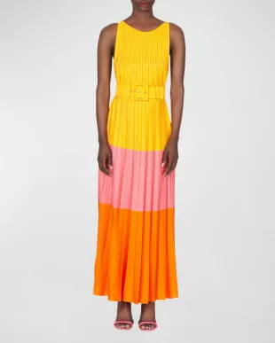 Carolina Herrera - Colorblock Pleated Knit Maxi Dress with Tie Belt
