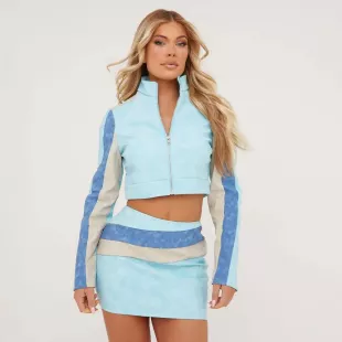 ego - High Neck Zip Front Motocross Detail Cropped Jacket in Blue