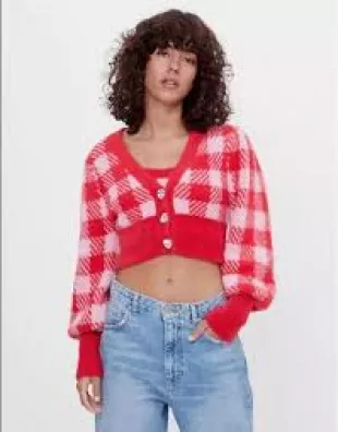 Bershka - plaid print cardigan set with jewel buttons in red