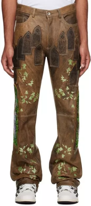 Who Decides War - Brown Leather Garden Grass Patch Pants