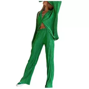 Creaion - Women's 2 Piece Casual Plisse Set Outfit Long Sleeve Button ...