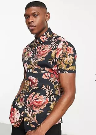 ASOS DESIGN - Stretch Slim Shirt in Black and Red Floral Print