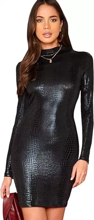 Oyoangle - Long Sleeve Mock Neck Crocodile Print Slim Fit Party Bodycon ...