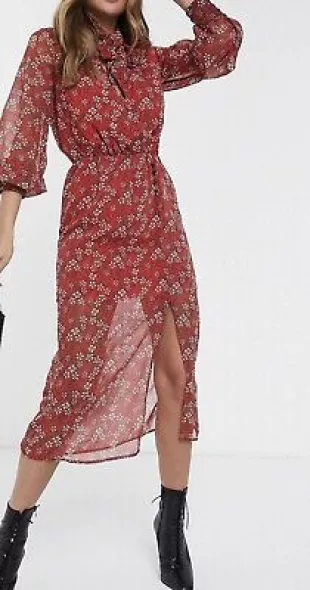 River Island - Midi Dress With Pussybow Blouse In Red Floral