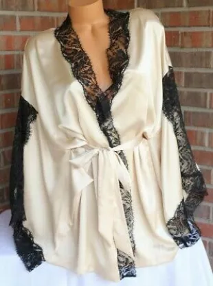 Victoria's Secret - Champagne Satin Black Lace Trim Kimono Robe