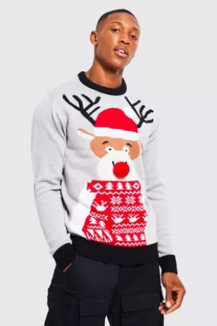 boohooman - Mens Grey Reindeer Santa Hat Christmas Jumper