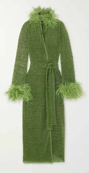 oseree - Lumière Feather Trimmed Metallic Knitted Robe