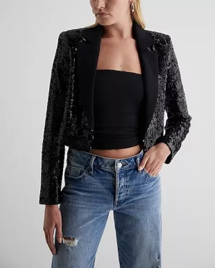 express - Sequin Solid Lapel Cropped Blazer