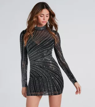 windsor - Andrea Formal Rhinestone Mock Neck Mini Dress