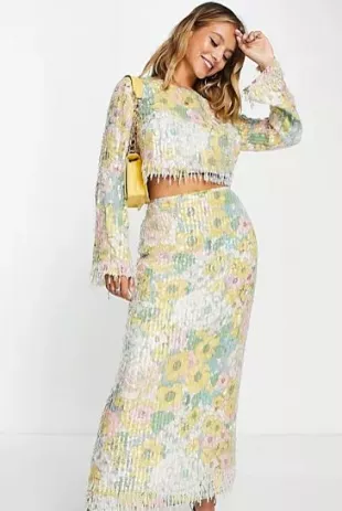 ASOS EDITION - Pastel Floral Print and Sequin Long Sleeve Top