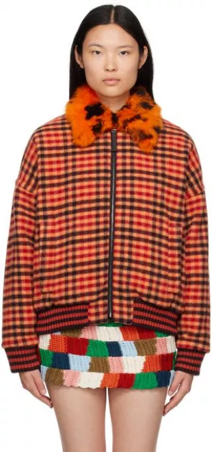 Marni - Orange Check Shearling Bomber Jacket